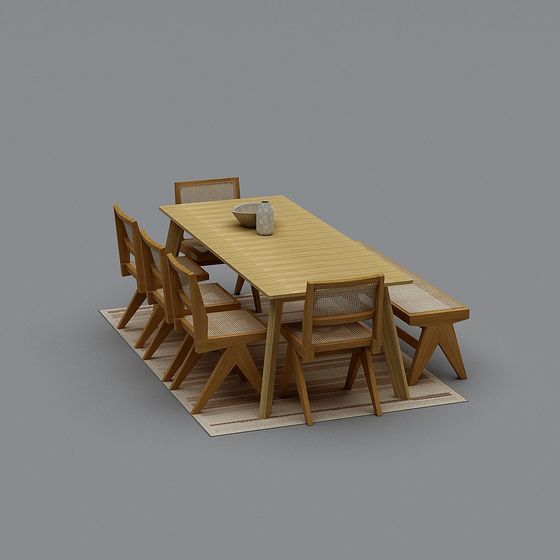 Wooden Dining Table and Chairs Set – Low-Poly 3D Model