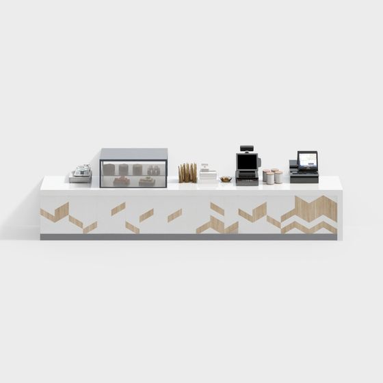 Stylish Coffee Shop Counter 3D Model – Minimalist Wood & White